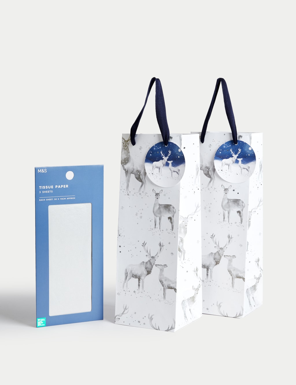 2 Stag Design Christmas Bottle Bags & Tissue Paper | M&S