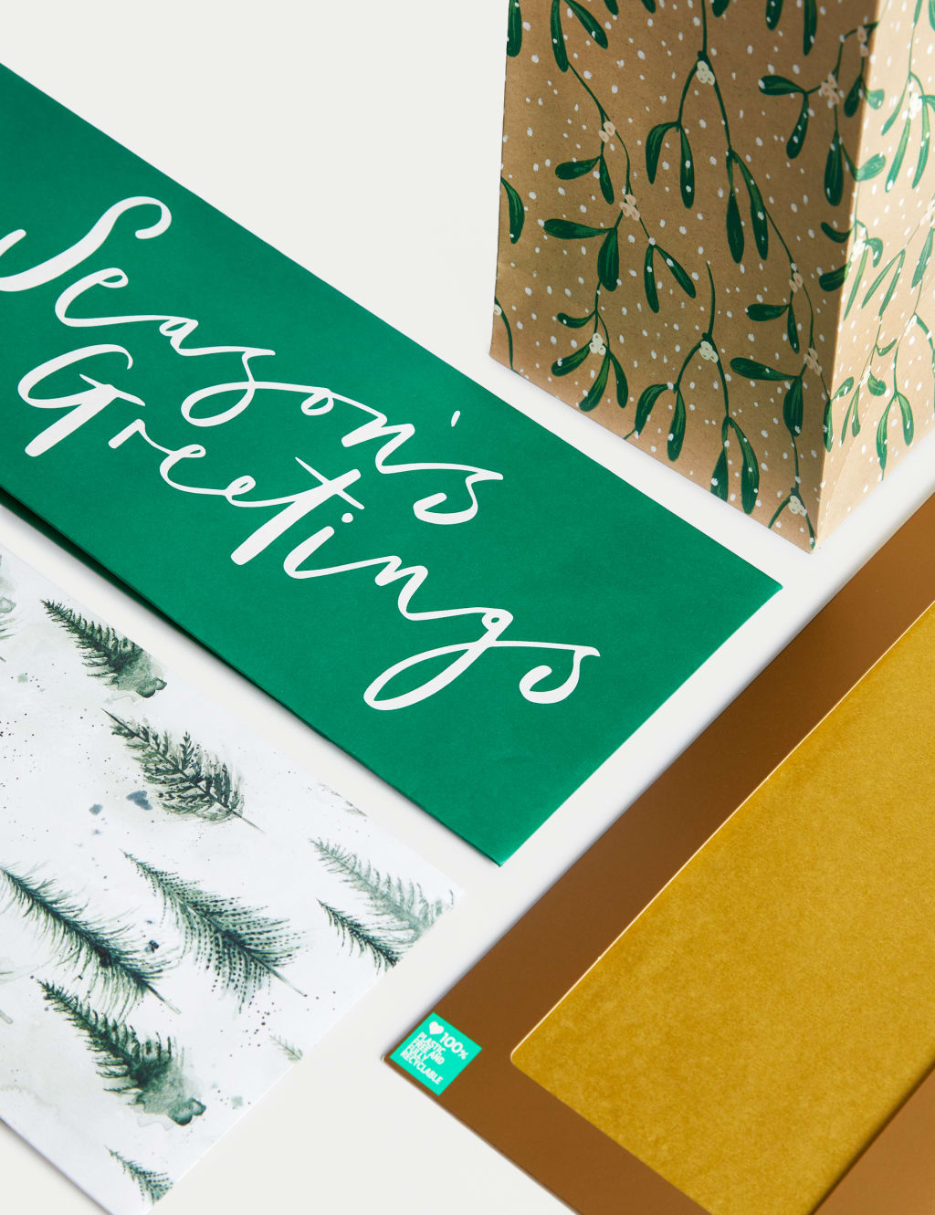 3 Green Christmas Bottle Bags & Tissue Paper Pack | M&S