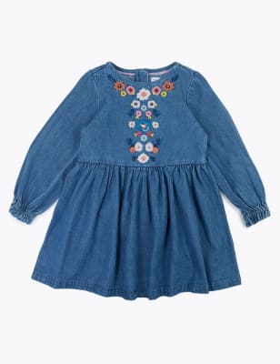 Denim Floral Embroidered Dress (2-7 Yrs) | M&S
