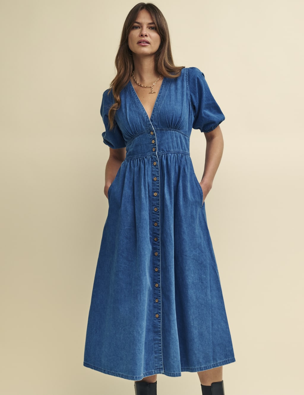 Denim V-Neck Midi Waisted Dress | Nobody's Child | M&S