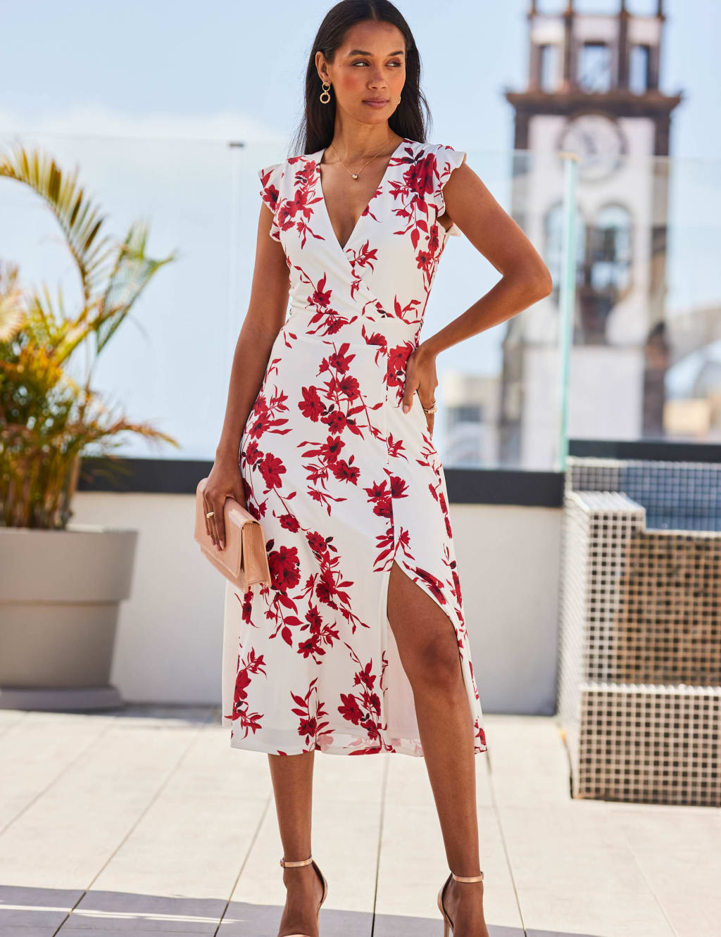 Floral V Neck Midi Wrap Dress Sosandar Mands
