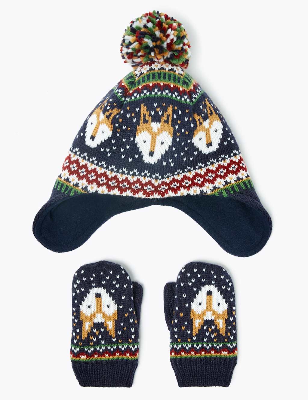 Kids’ Fair Isle Fox Print Trapper Hat & Mitten Set (6 Months - 6 Years ...