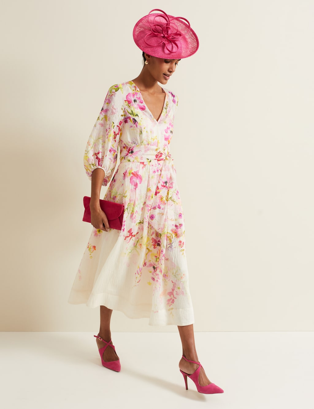 Linen Blend Floral V Neck Midi Skater Dress Phase Eight Mands