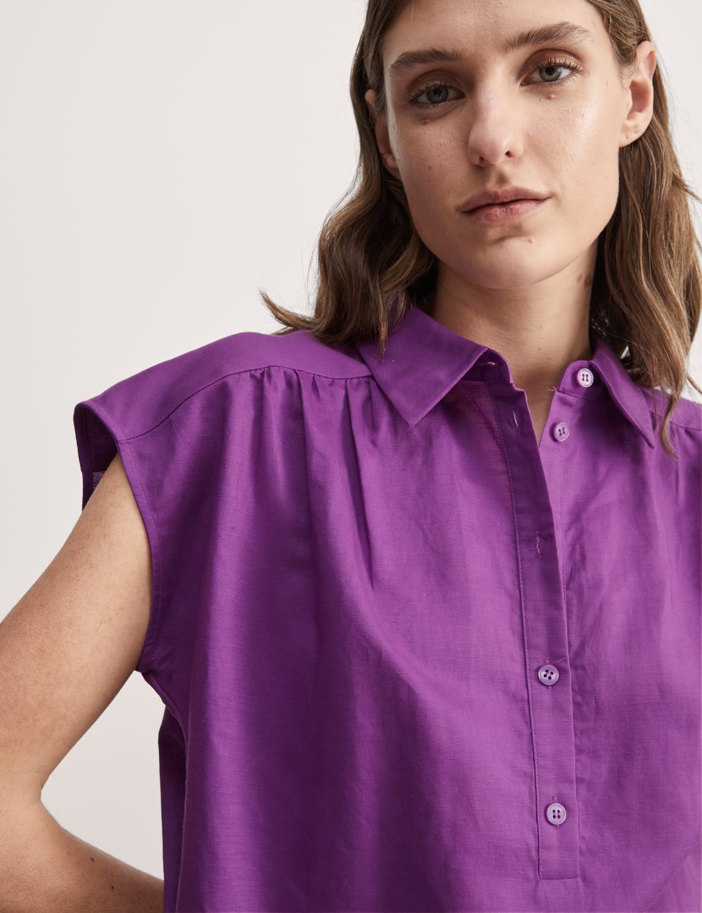 Linen Rich Collared Cap Sleeve Top | JAEGER | M&S
