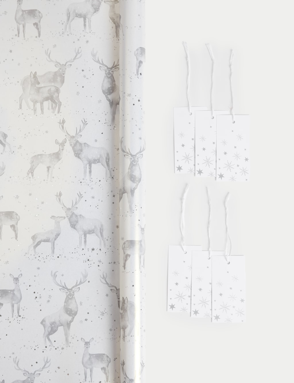 Luxury Silver Stag 3M Christmas Gift Wrap & 6 Gift Tags Pack | M&S