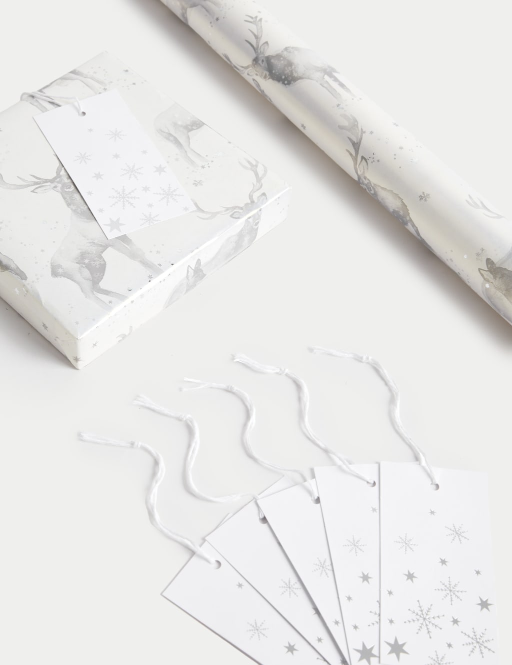 Luxury Silver Stag 3M Christmas Gift Wrap & 6 Gift Tags Pack | M&S