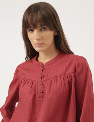 Pure Cotton Plain Mandarin Collar Blouse
