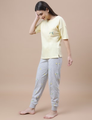 Pure Cotton Printed Crew Neck Pyjama Set