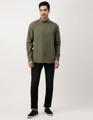 Pure Cotton Plain Button-down Collar Shirt