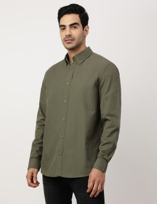 Pure Cotton Plain Button-down Collar Shirt