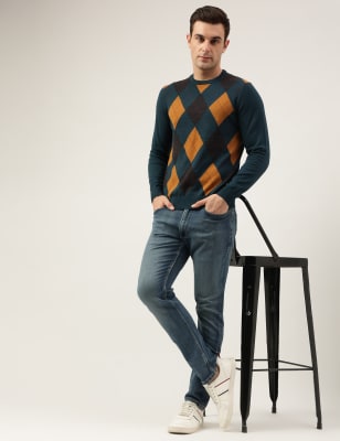 Πουλόβερ Argyle με κλειστή στρογγυλή λαιμόκοψη από 100% βαμβάκι | M&S GR