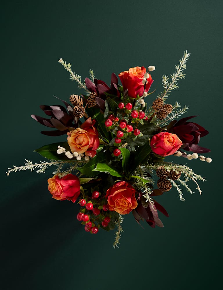 Orange Rose & Festive Foliage Bouquet | M&S