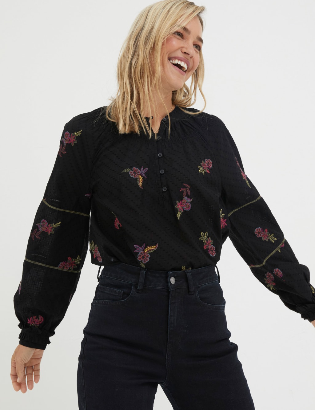 Pure Cotton Embroidered High Neck Blouse | FatFace | M&S