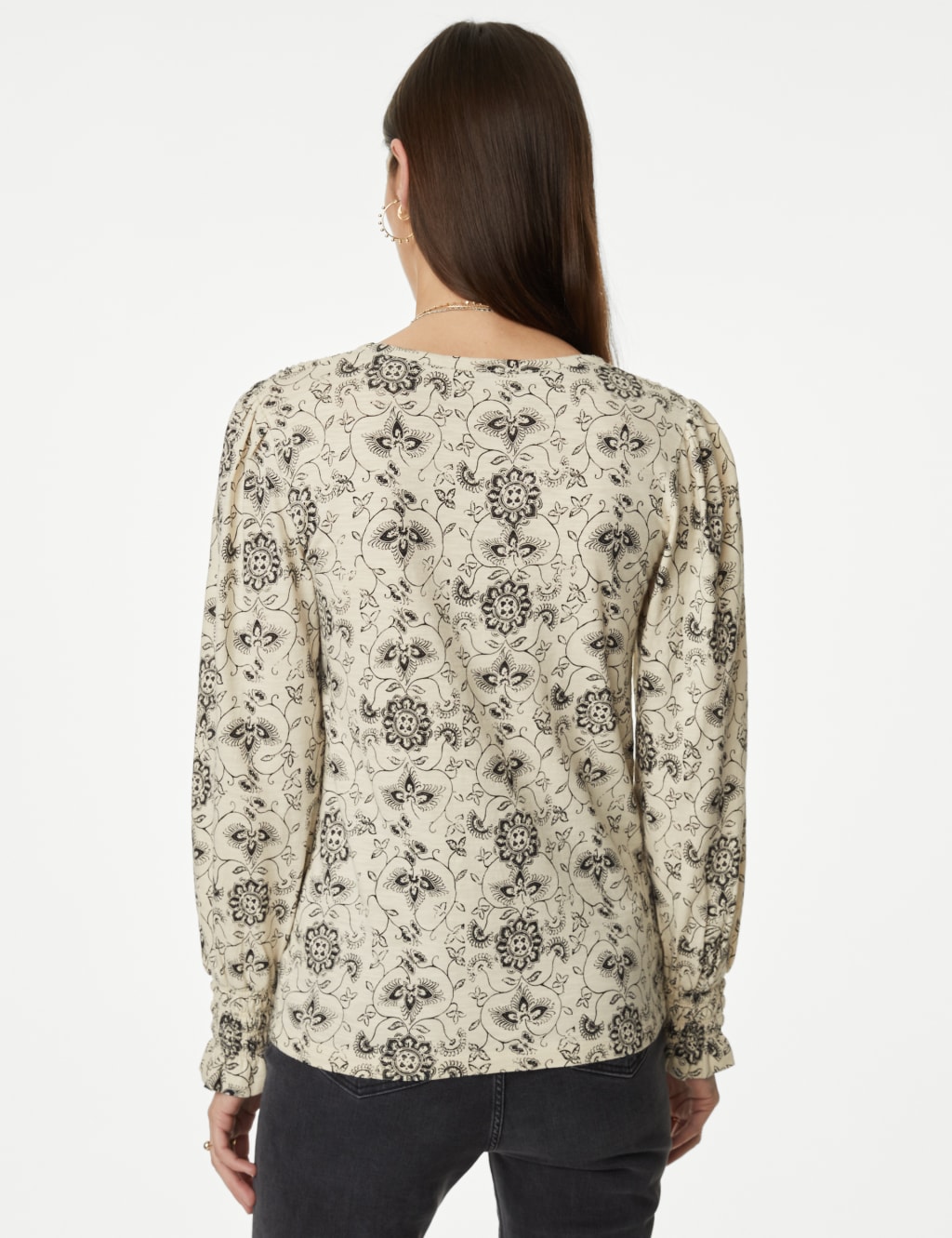 Pure Cotton Printed Shirred Puff Sleeve Top | Per Una | M&S