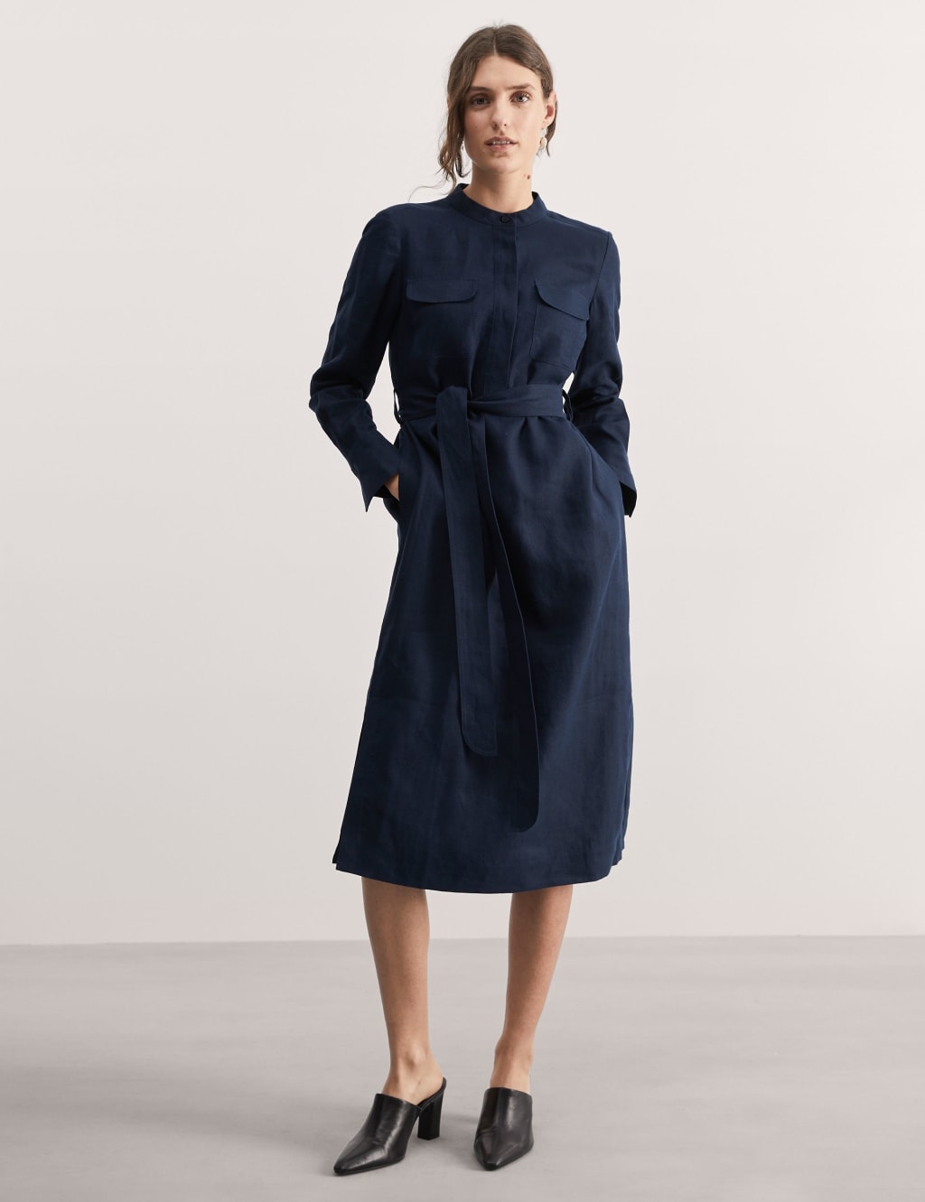 Pure Linen Belted Midi Column Dress | JAEGER | M&S