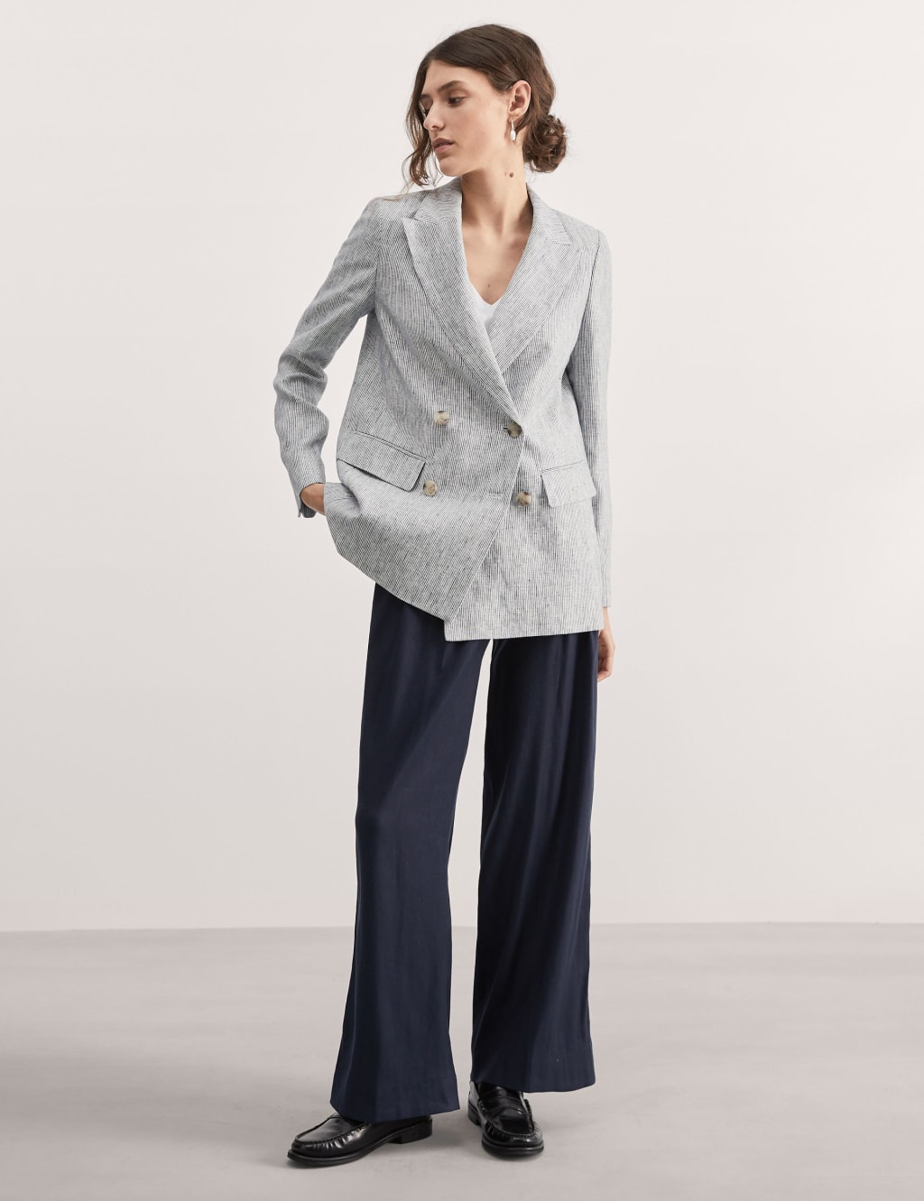 Pure Linen Striped Double Breasted Blazer | JAEGER | M&S