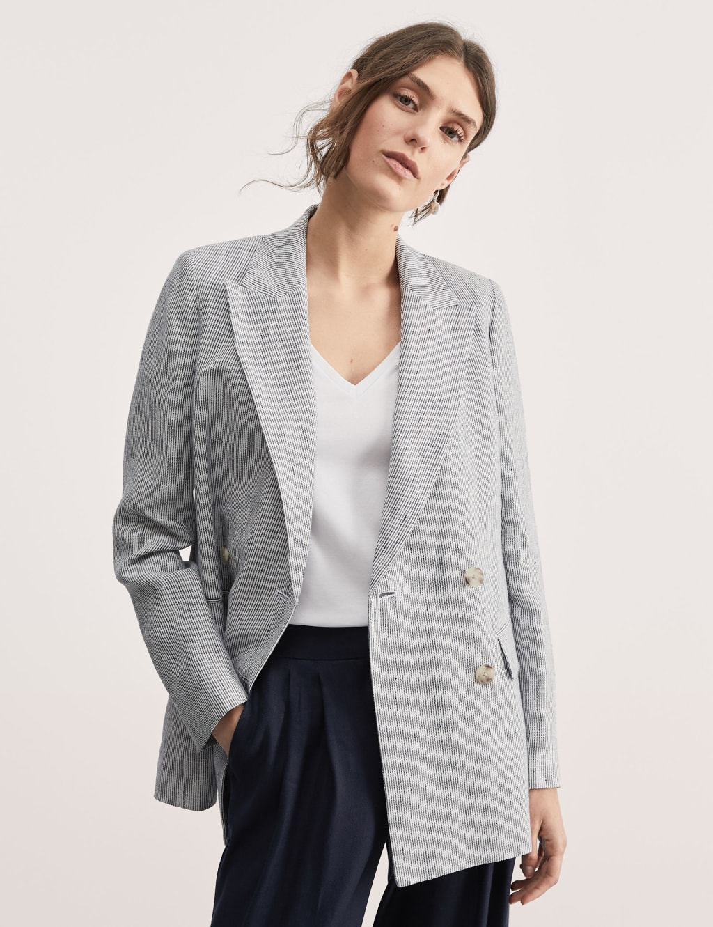 Pure Linen Striped Double Breasted Blazer | JAEGER | M&S