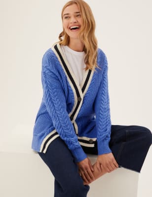 Cotton Rich Cable Knit V-Neck Cardigan