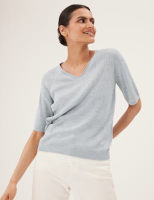 Ribbed V-Neck Knitted Top with Linen