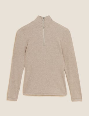 Cotton Rich Ribbed Zip Up Long Sleeve Top