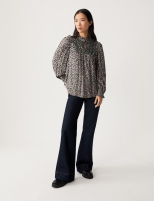 Floral Frill Neck Long Sleeve Blouse