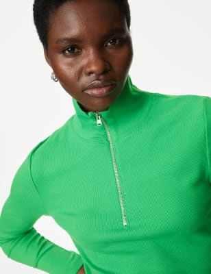 Cotton Rich Ribbed Half Zip Top