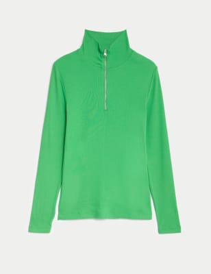 Cotton Rich Ribbed Half Zip Top
