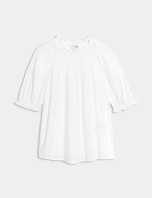 Cotton Blend Crew Neck Smocked Blouse
