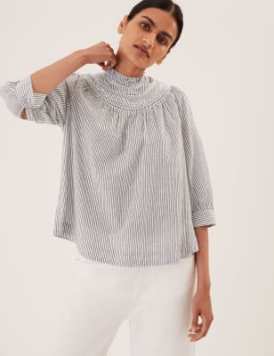 Pure Cotton Striped Embroidered Top
