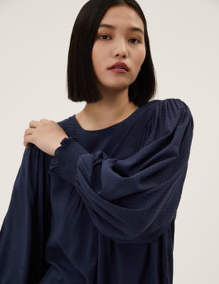 Round Neck Lace Insert Long Sleeve Top