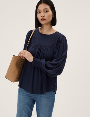 Round Neck Lace Insert Long Sleeve Top