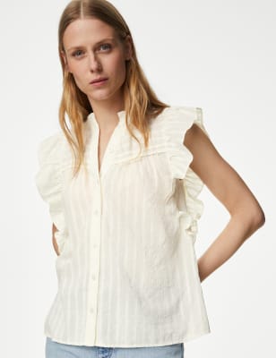 Pure Cotton High Neck Ruffle Blouse