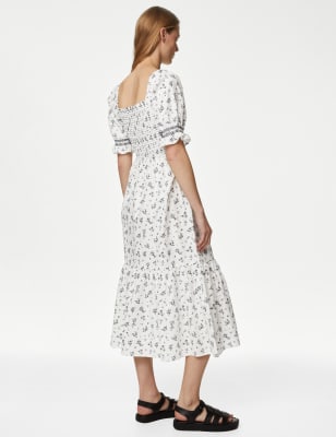 Pure Cotton Printed Square Neck Midi Dress