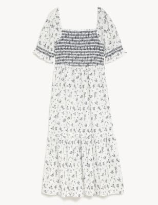 Pure Cotton Printed Square Neck Midi Dress