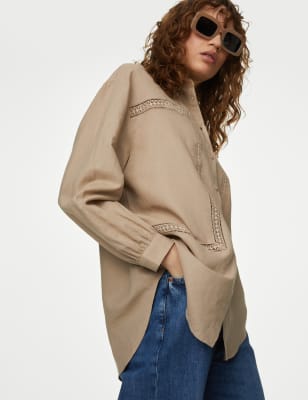 Linen Rich Collared Lace Insert Shirt