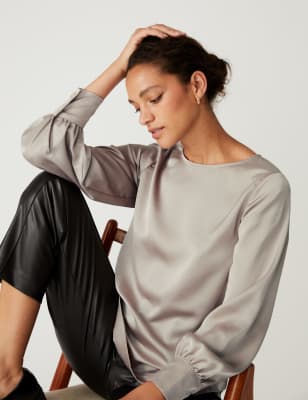 Satin Round Neck Long Sleeve Top