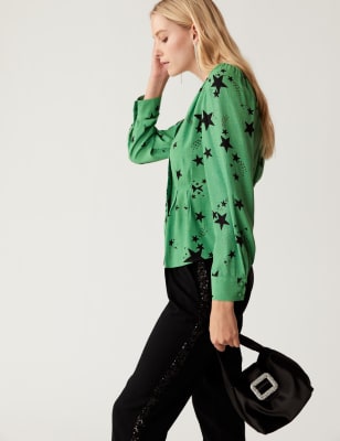 Star Print V-Neck Blouse