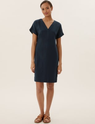 Linen Blend V-Neck Shift Dress