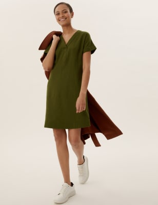 Linen Blend V-Neck Shift Dress