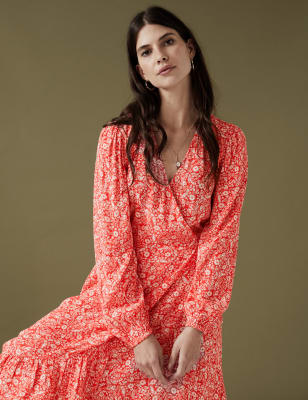 Floral V Neck Midi Wrap Dress