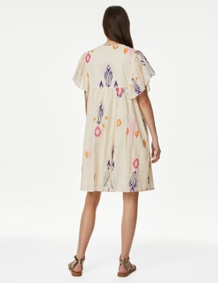 Pure Cotton Printed V-Neck Shift Dress