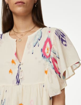 Pure Cotton Printed V-Neck Shift Dress