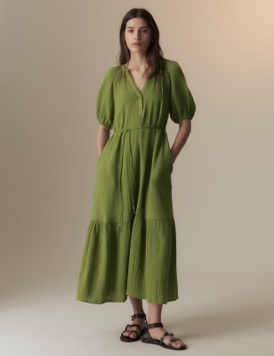 Pure Cotton Textured Midi Tiered Dress