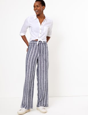 Linen Drawstring Wide Leg Trousers