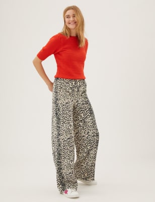 Twill Animal Print Wide Leg Trousers