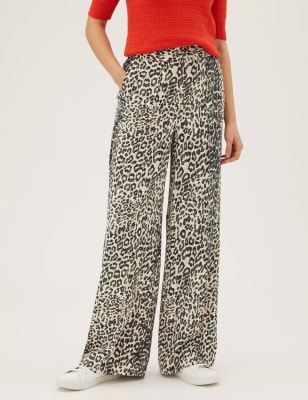 Twill Animal Print Wide Leg Trousers