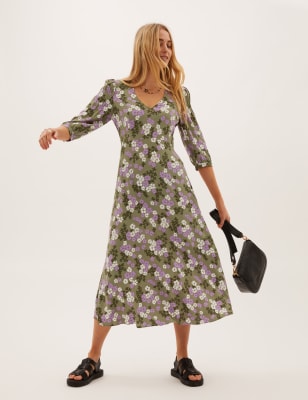 Floral V-Neck Puff Sleeve Midi Tea Dress