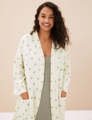 Pure Cotton Waffle Palm Print Dressing Gown