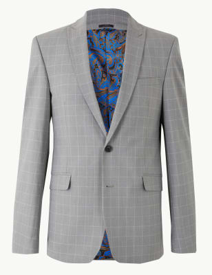 Grey Checked Slim Fit Jacket with Stretch | M&S Collection | M&S