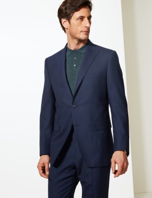 Blue Textured Tailored Fit Wool Jacket